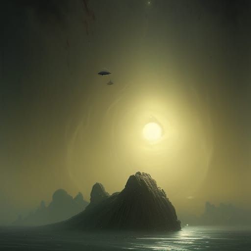 Alien planet of many hues floating plants two suns in the sky, odd life ...