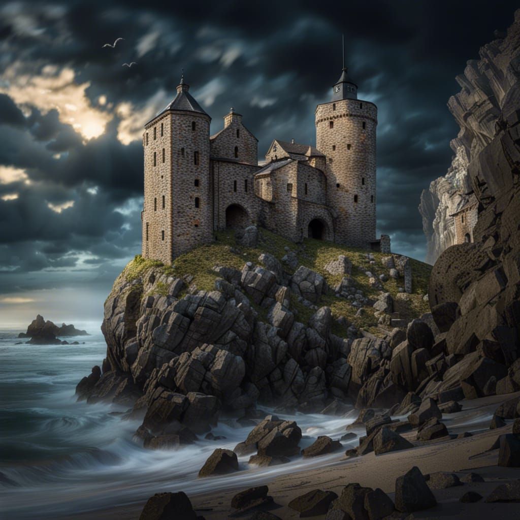 alte Burgruine steht auf steiler englischer Küste, unterhalb der Felsen ...