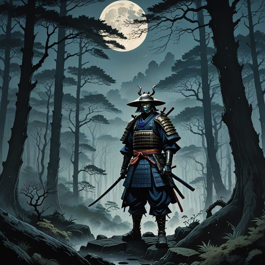 a man with fear skin in old japan - Samurai in Haunting Moon...