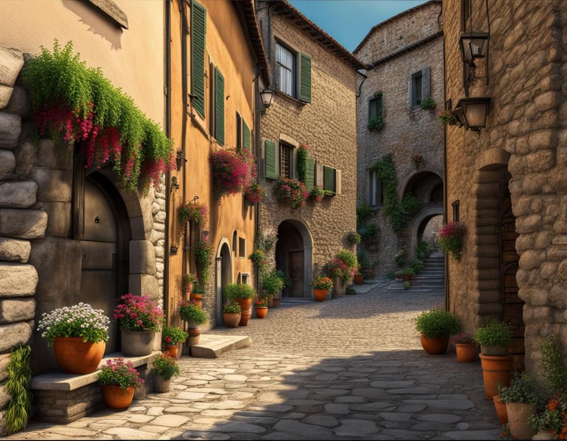 Old Italian street, stone houses, arch, flower pots, 4k, Hyperdetailed - AI Generated Artwork ...