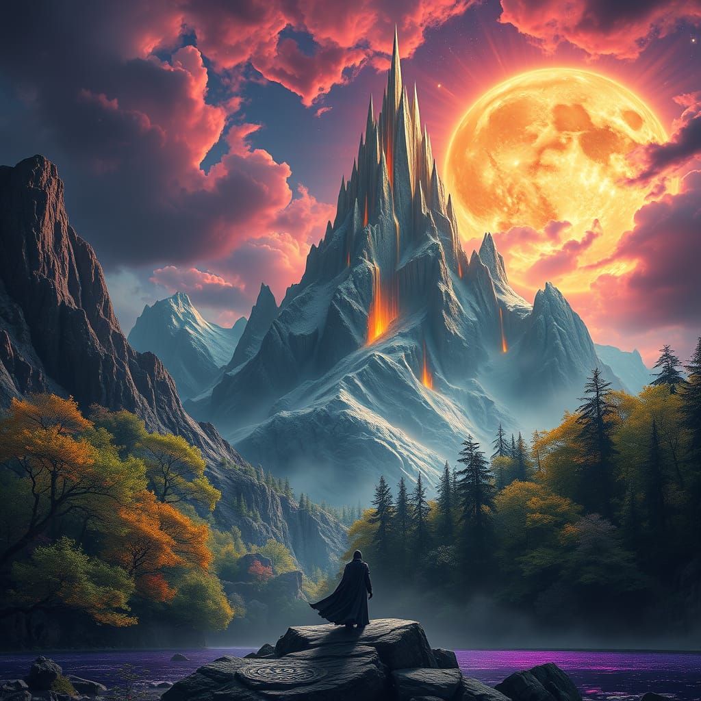 Prompt:“A colossal, surreal fantasy landscape where an ancient, storm ...