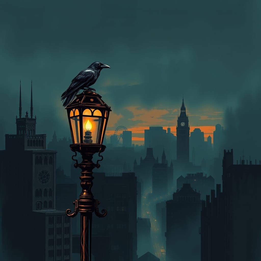Futuristic Crow Silhouette in Neon Cityscape - AI Art