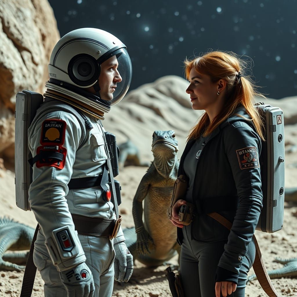 Space Explorers Meet Lizard Tribe in Dystopian Fut... - AI Art