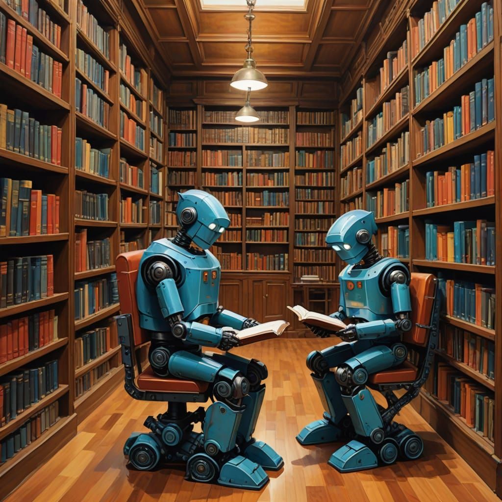 Robots reading in library. - Robots Lost in a World of Liter...