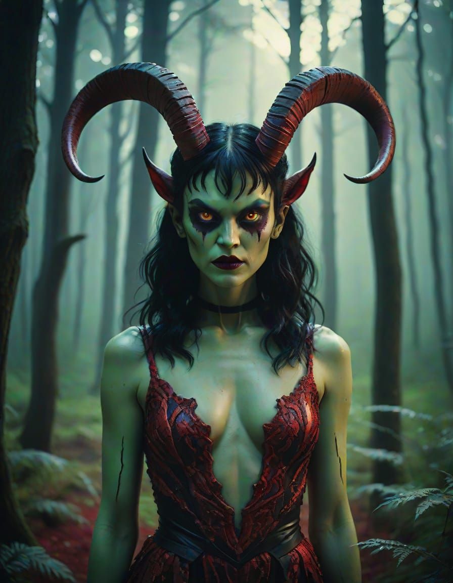 A female demon with razor-sharp ram horns and crimson-red skin, her black hair cascading like a ...