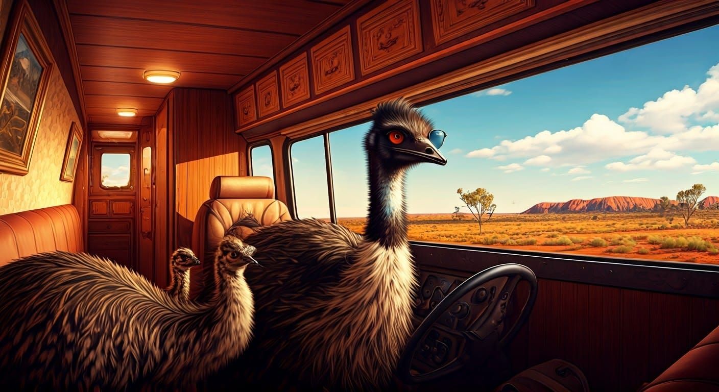 Father Emu Raking his Family on a Vacation