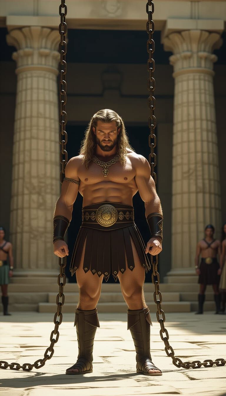 Samson from the Bible chained at the temple