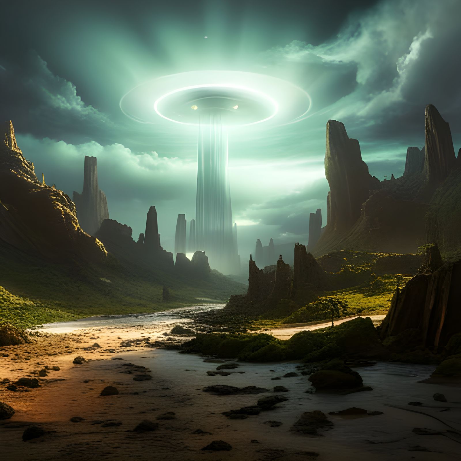 Post apocalyptic wonderland, ufo in the sky with lights beaming down ...