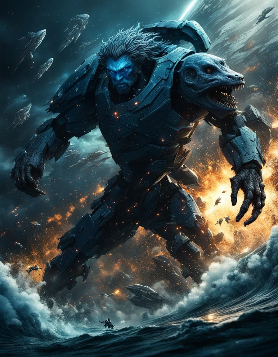 Futuristic Modern Neptune, the Lord of the Oceans. Brutal Action scene ...