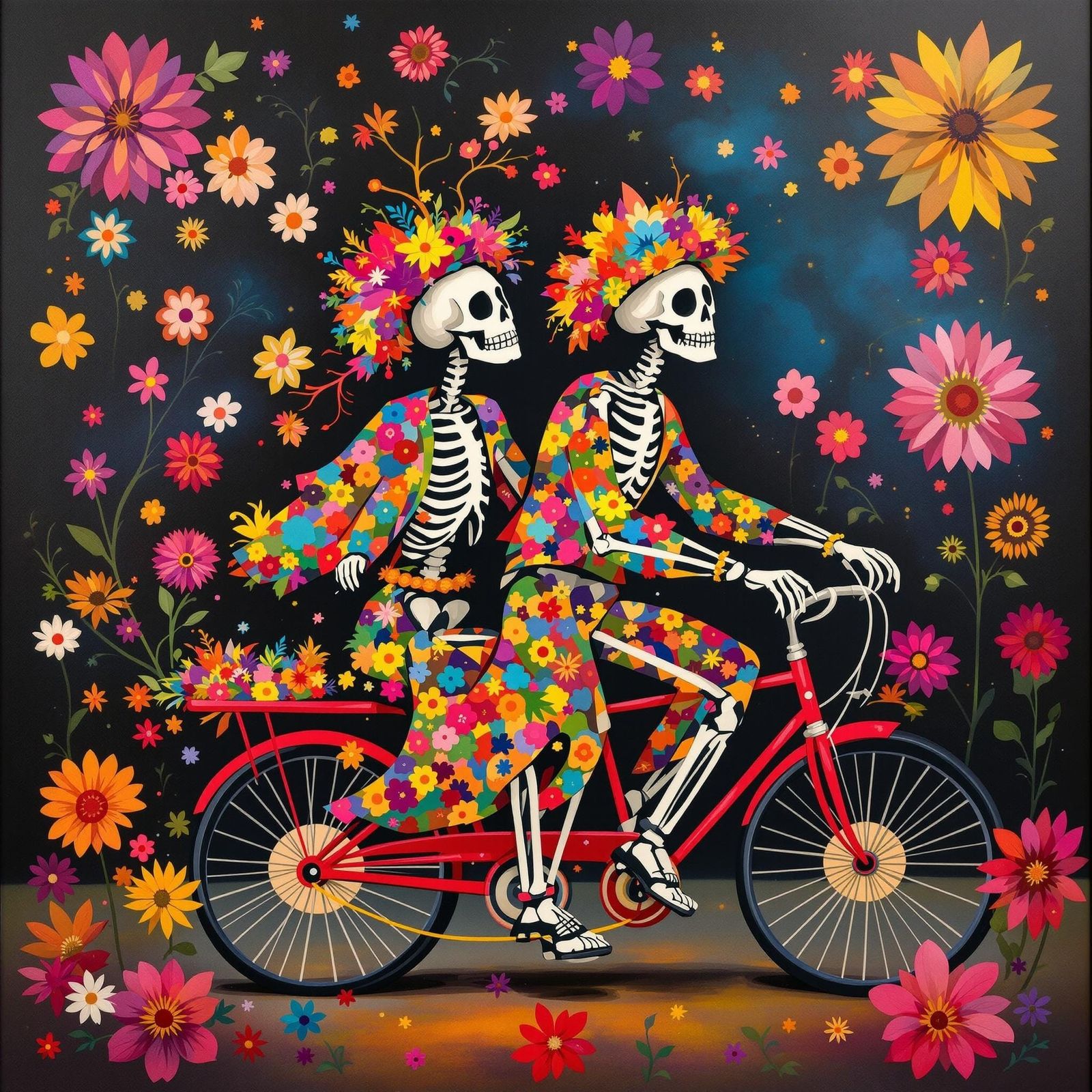 Whimsical Skeleton Couple Rides Tandem Bike in Vib... - AI Art