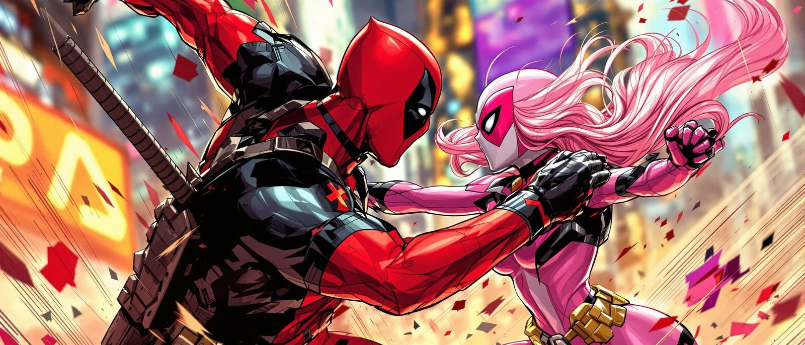 Deadpool fighting Gwenpool. Confetti