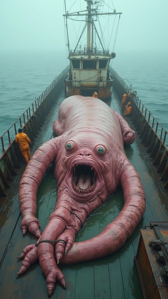 Hyper-Realistic Sci-Fi Sea Creature on Fishing Boa... - AI Art