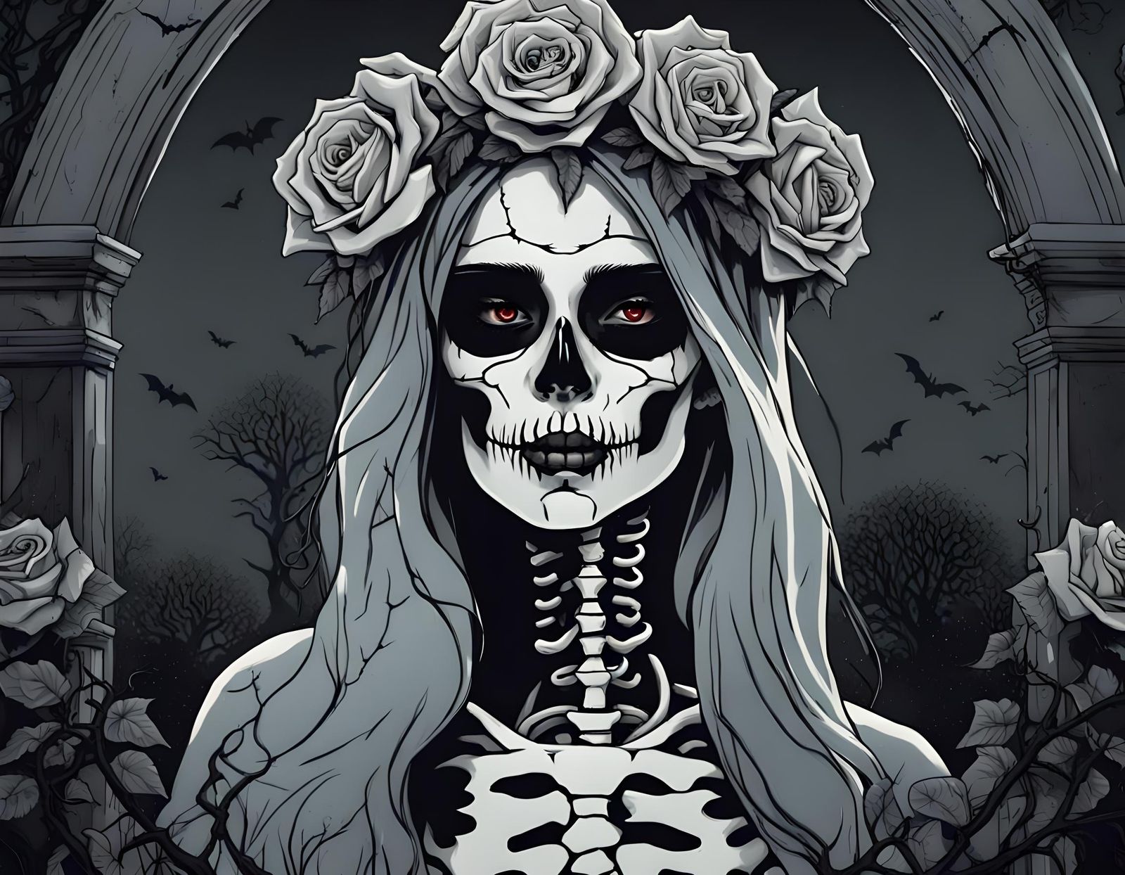Portrait of glamour evil woman with wreath of roses and bat skeleton in ...