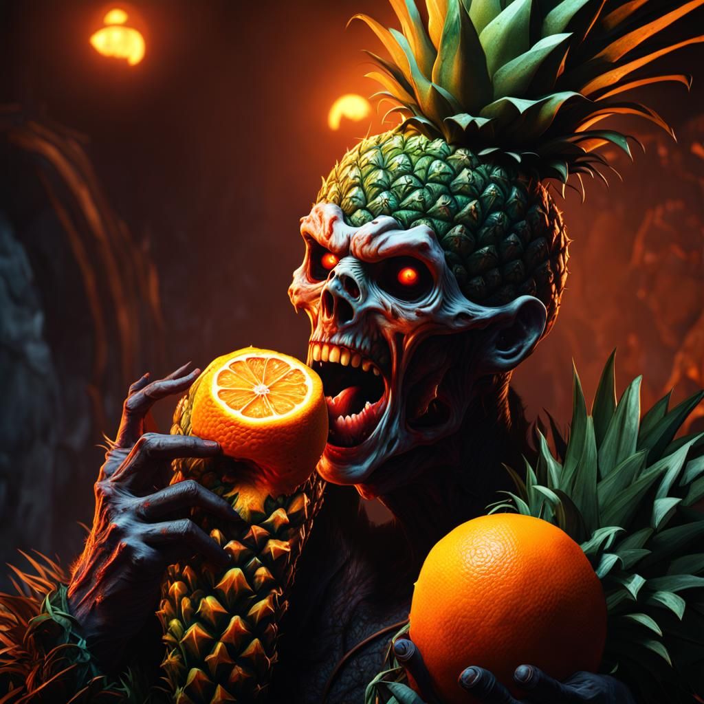 zombie pineapple eating an orange. - AI Generated Artwork - NightCafe Creator