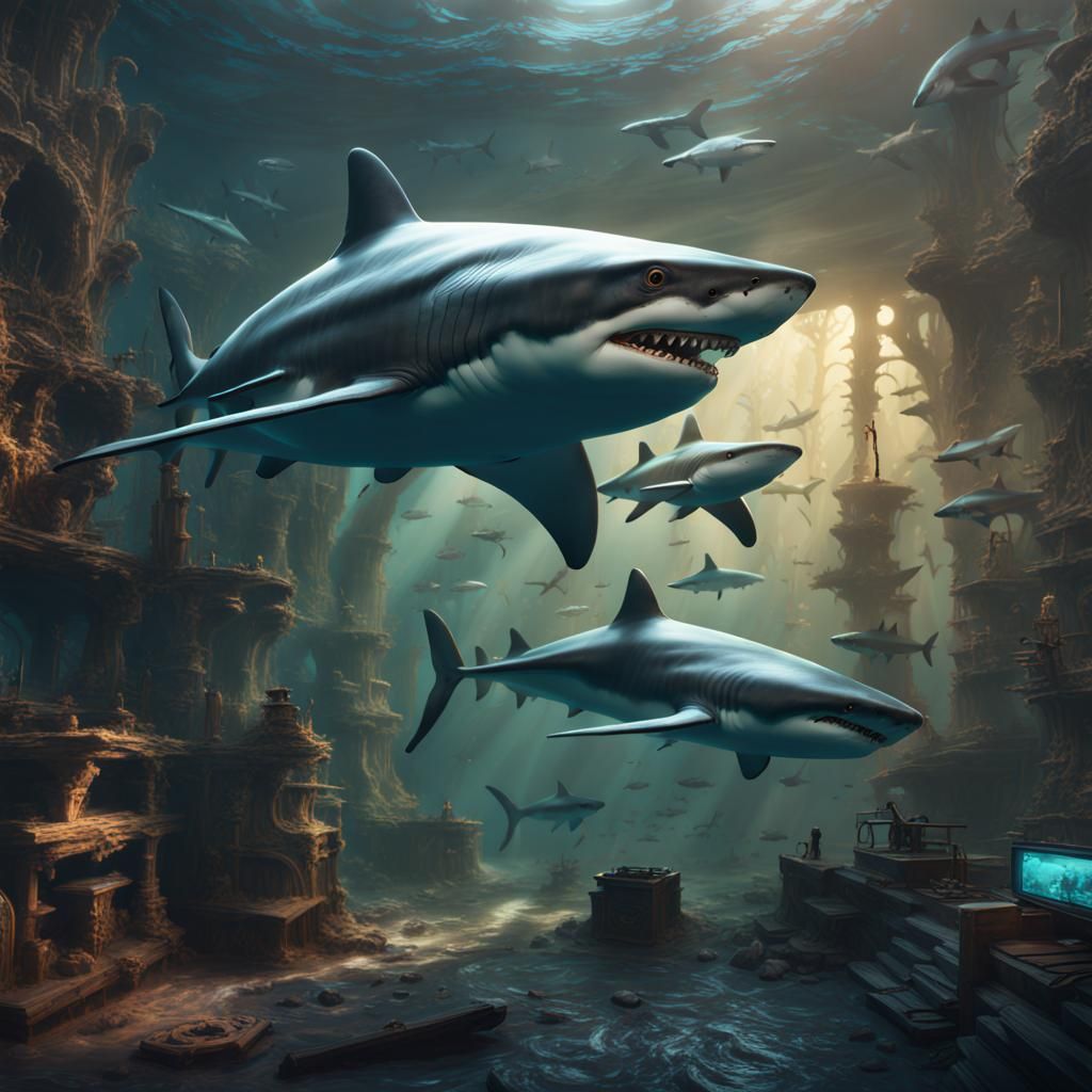School of sharks - AI Generated Artwork - NightCafe Creator