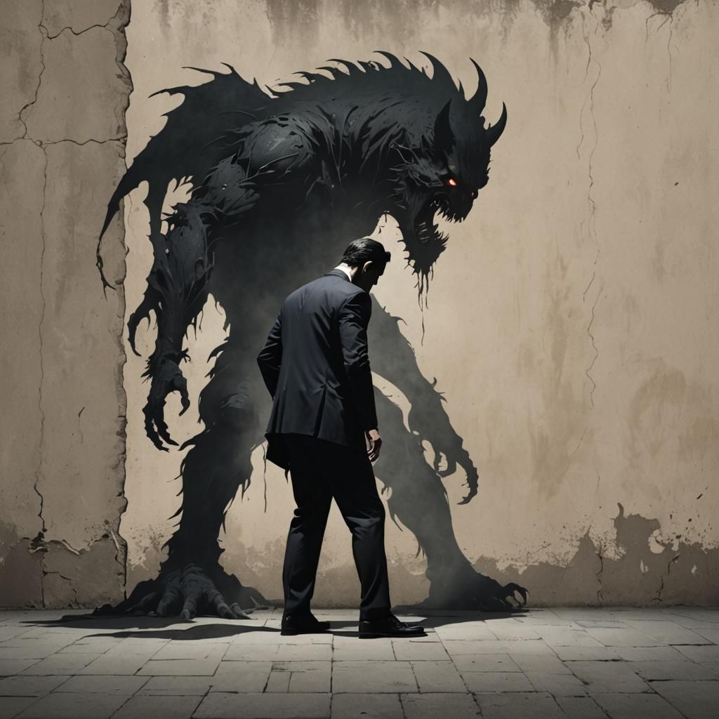 monster silhouetted against a wall looms over a man in a suit crouched ...