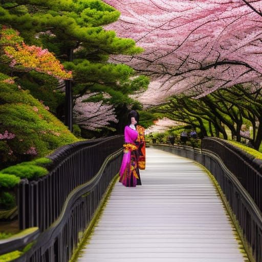 Beautiful samurai female with long black hair over a bridge::under ...