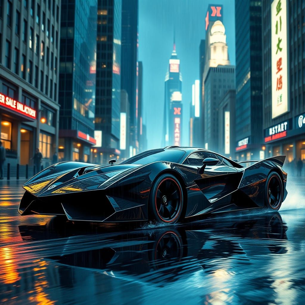the batmobile - Futuristic Batmobile Speeds Through Rainy C...