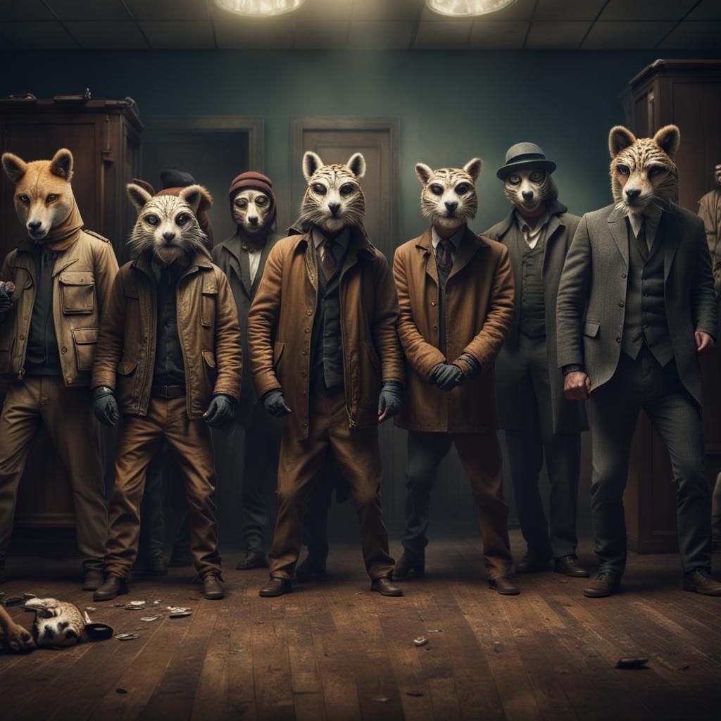 A gang of bank robbers wearing animal mask disguises. - AI Generated ...