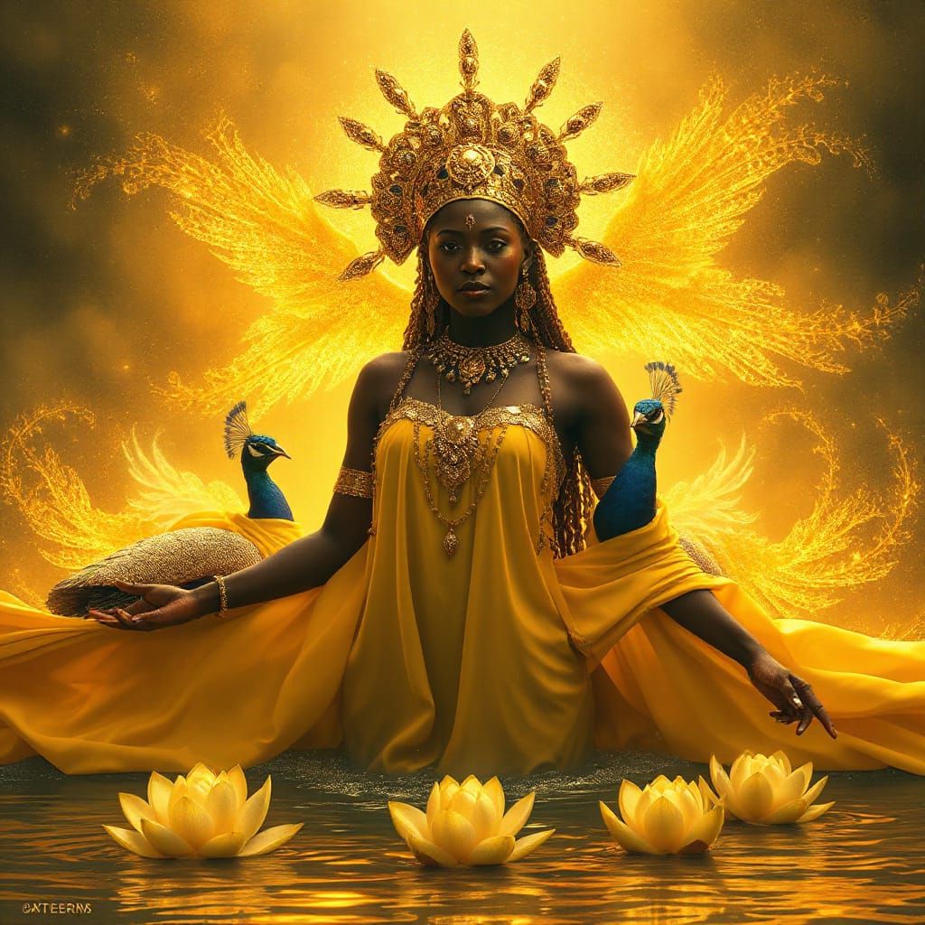 Golden Goddess of the River, Surrounded by Peacock... - AI Art