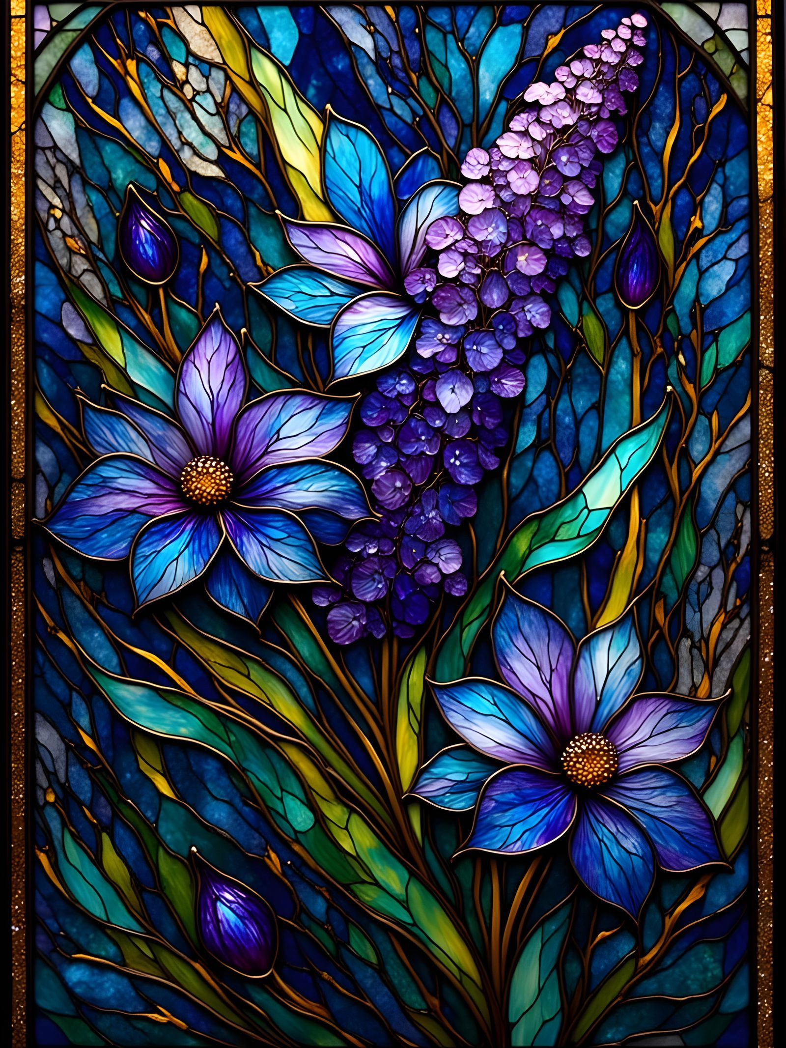 Stained glass dark blue ,dark purple flowers on a dark background ...
