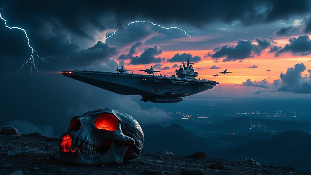 A massive spacecraft carrier hovers above the ground launching fighter ...