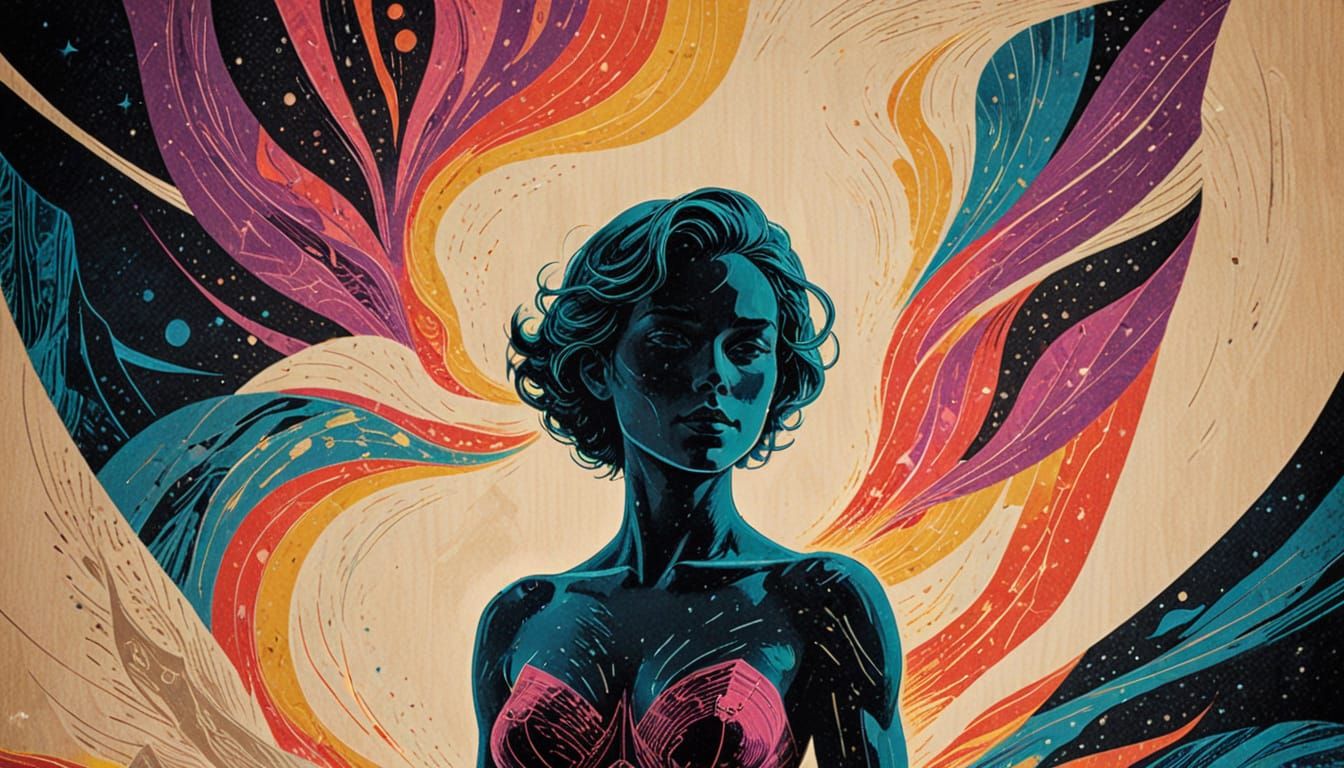 Heroic Feminine Figure in Woodcut Graphic Poster - AI Art