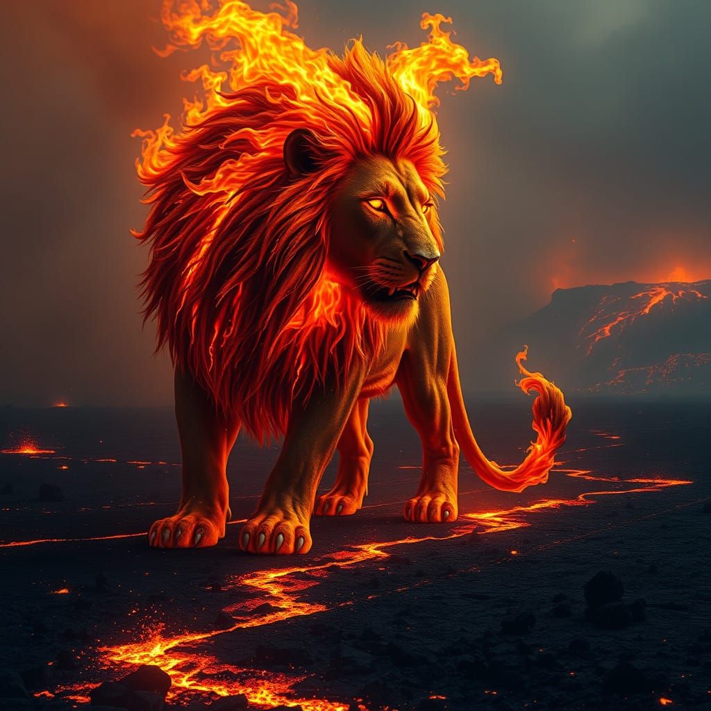 A hyperrealistic, highly detailed, colossal, ferocious lion composed ...