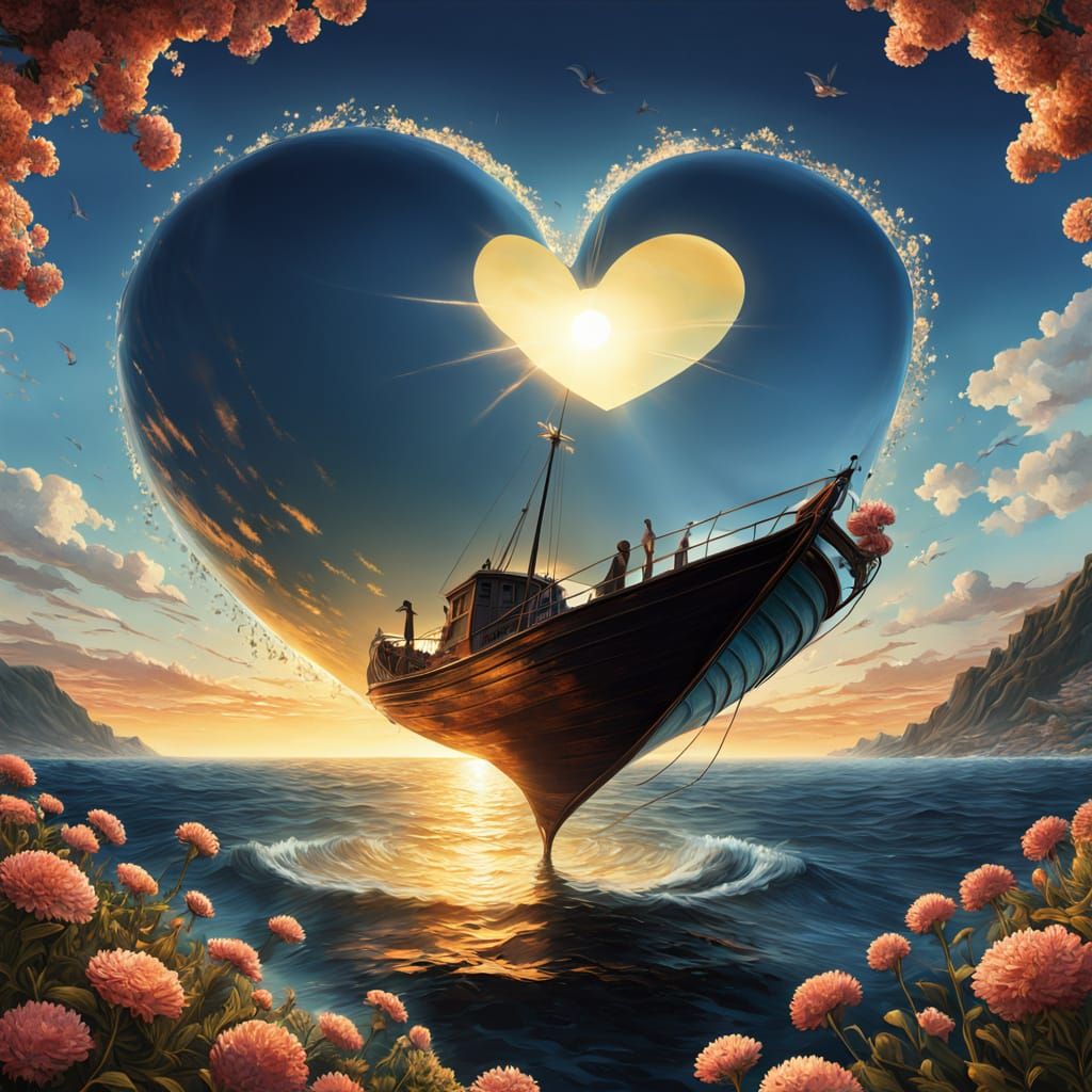 Heart - Surreal Heart Silhouette Amidst a Sunset Sea