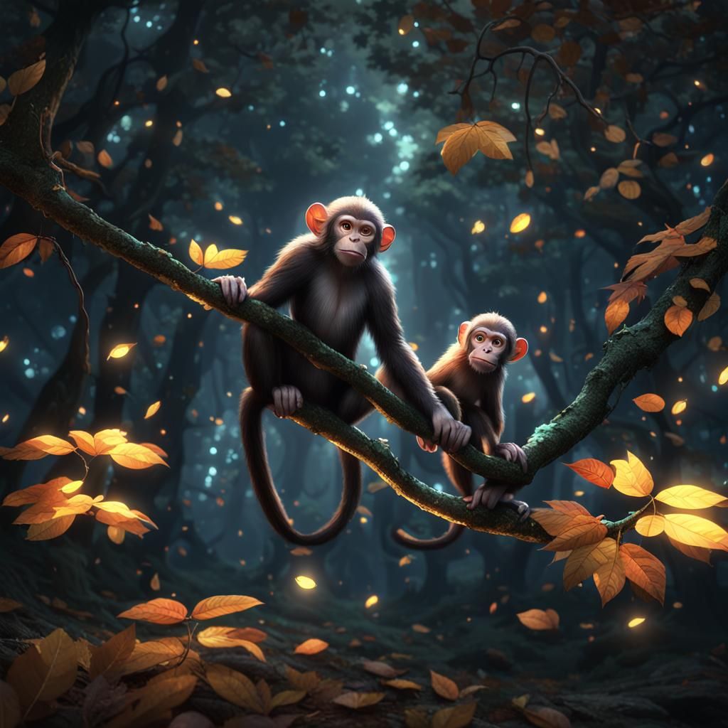 Clear monkey wide angle shot with glowing little monkey hanging from a ...