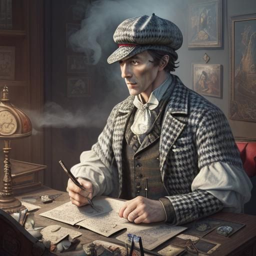 a watercolour of sherlock holmes in a smoke filled room sitting at a ...