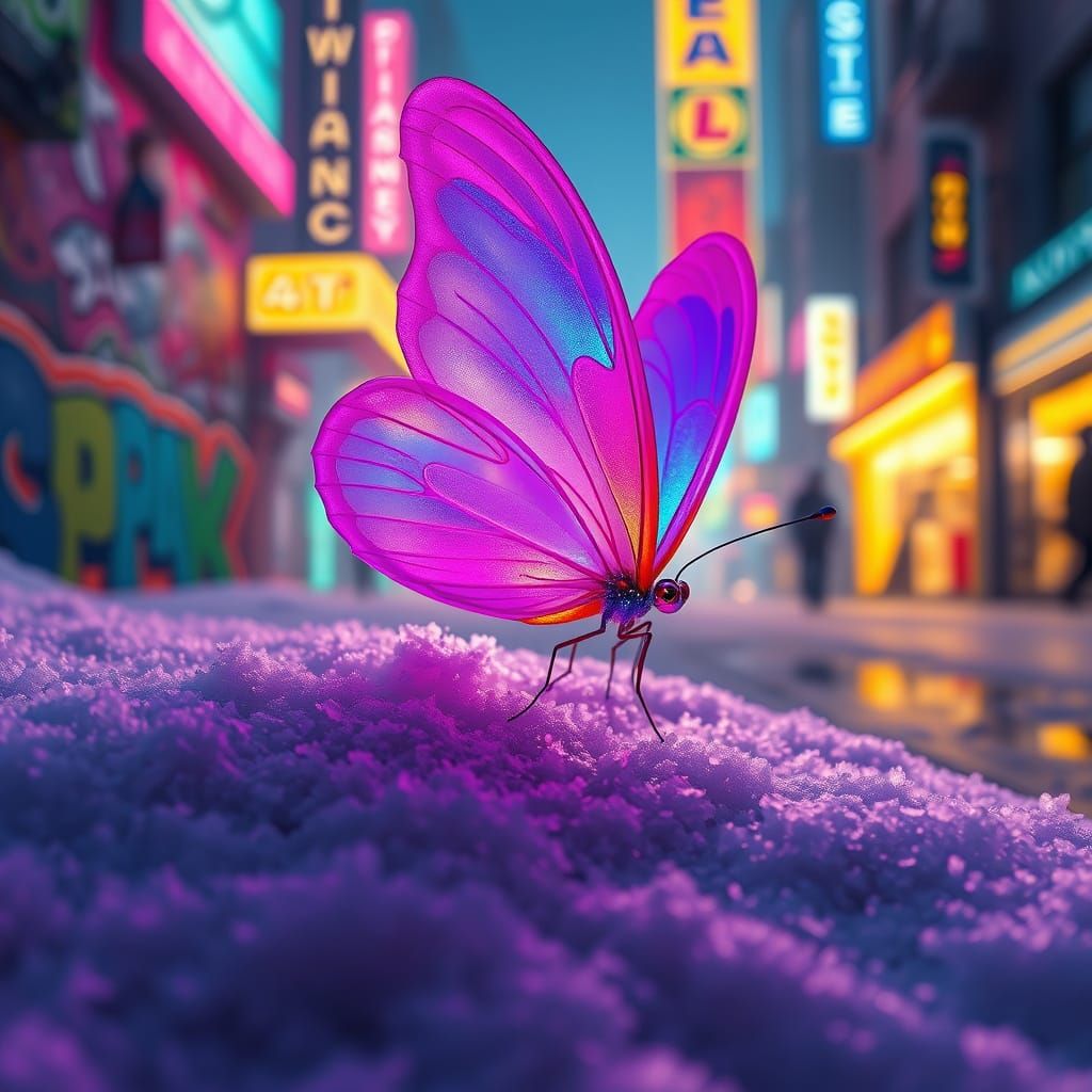 Neon Butterfly Illuminates Vibrant Cityscape in Fu... - AI Art