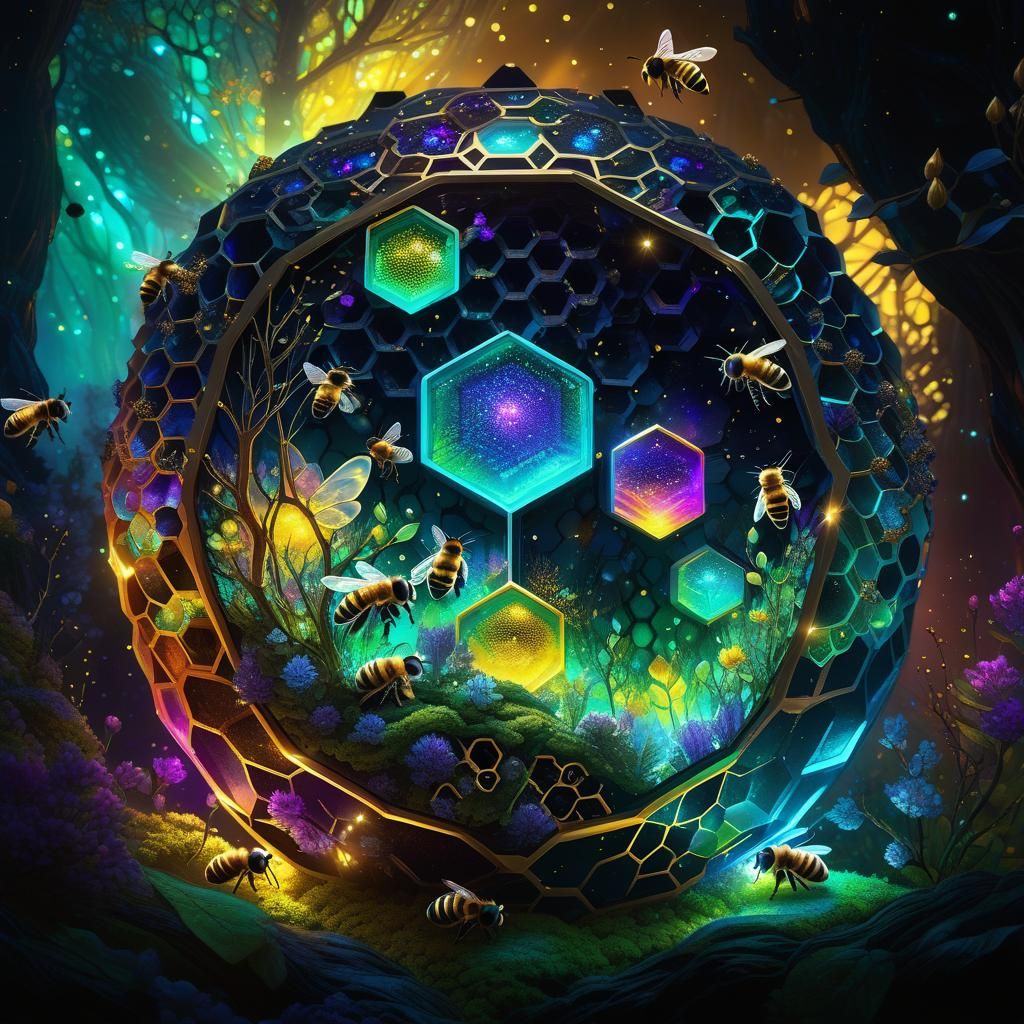 Beautiful Beehive with Honeycomb and Worker Bees - AI Generated Artwork ...