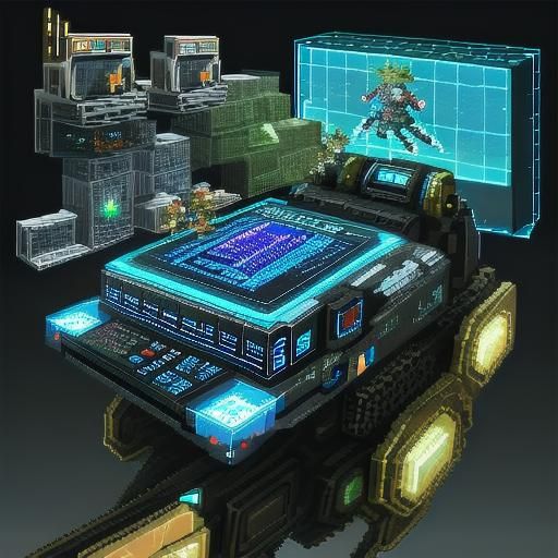 8bit pixelscape fragmented holographic display steampunk robot console ...