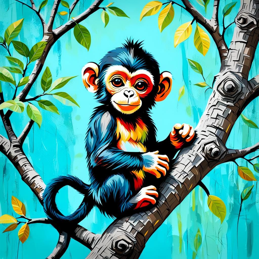 Baby monkey in a tree - AI Generated Artwork - NightCafe Creator