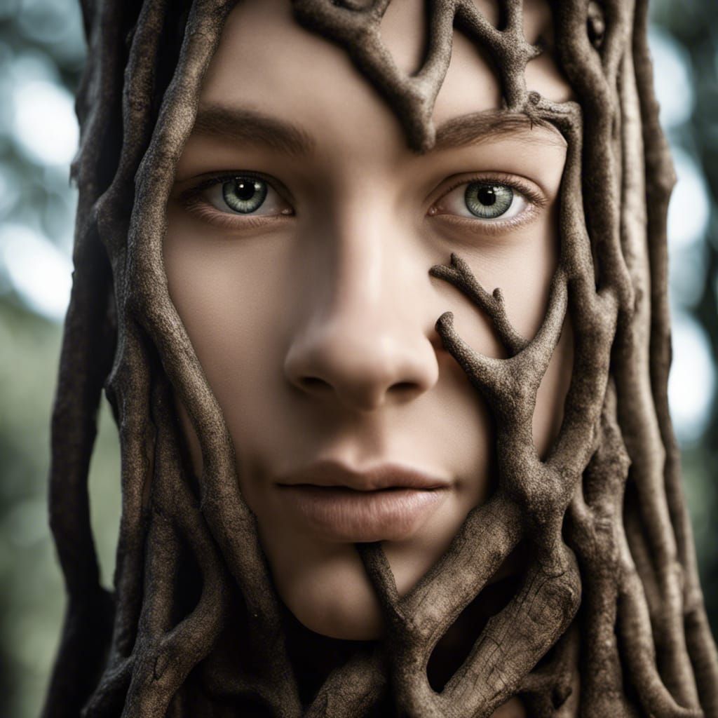 A photorealistic tree with a young attractive hyperrealistic face on ...
