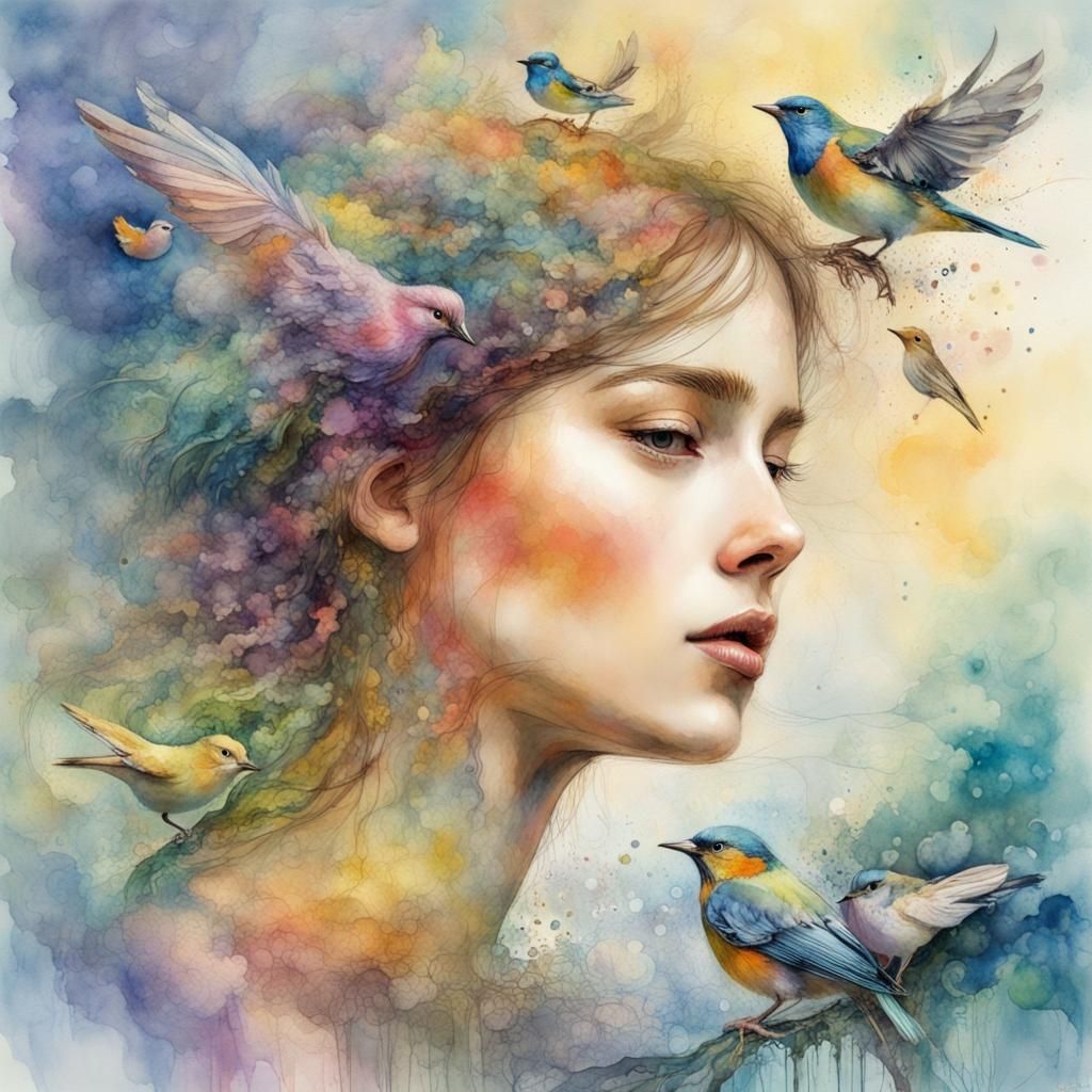 Double exposure: birds creative splashy Watercolour - AI Generated ...