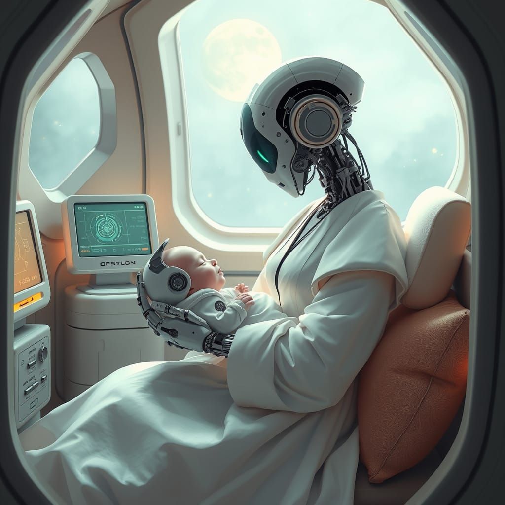 Mother Robot Holding Humanoid Baby Robot