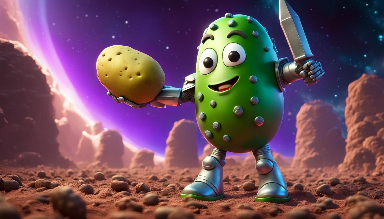 The potato lord defeating the pickle empire wearing armor in space - AI ...