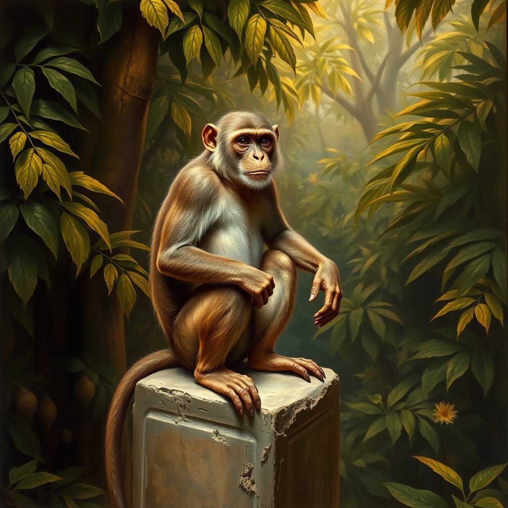 Simio y humano - Monkey in Serene Jungle Sanctuary, in Whi...