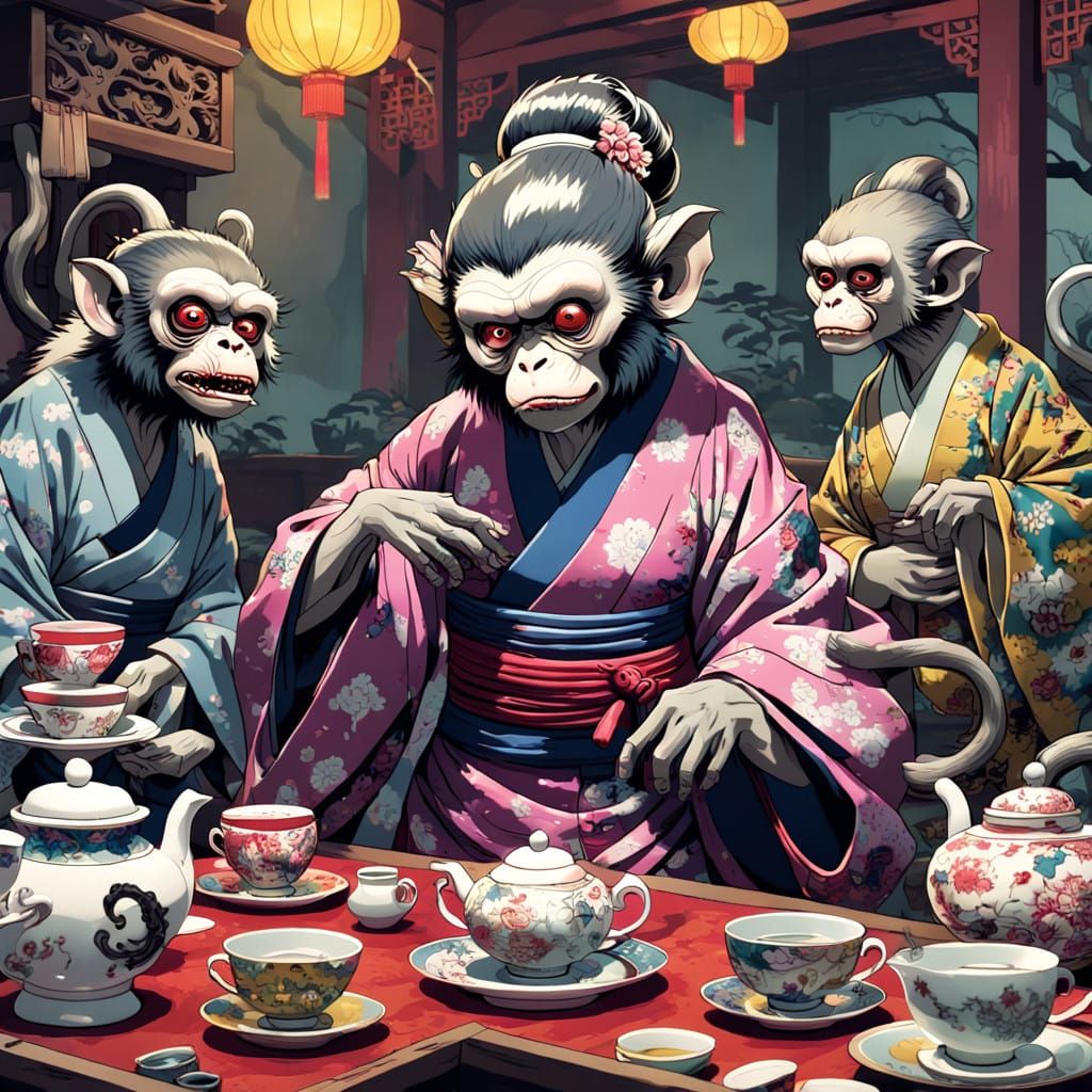 Elegant Zombie Monkey Tea Party in 19th Century Ja... - AI Art