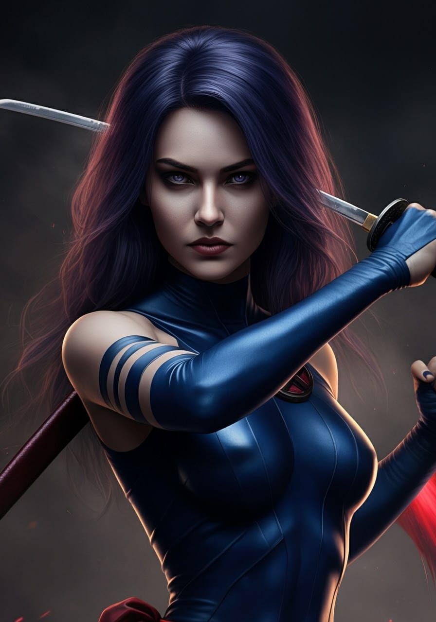 Psylocke in Epic Katana Wielding Combat Pose - AI Art