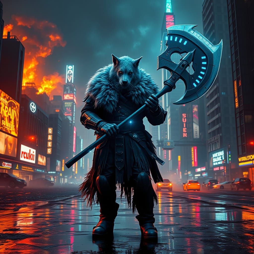 Cyberpunk Wolf Viking in a Fiery Post-Apocalyptic ... - AI Art