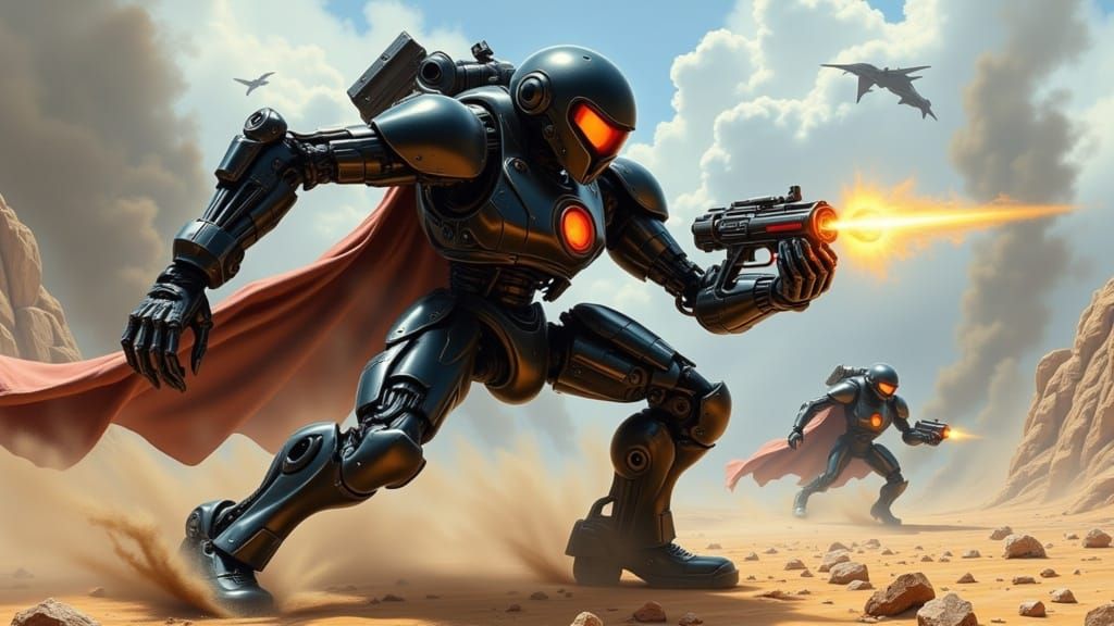 Cyborg Warrior Charging into Battle with Blaster - AI Art