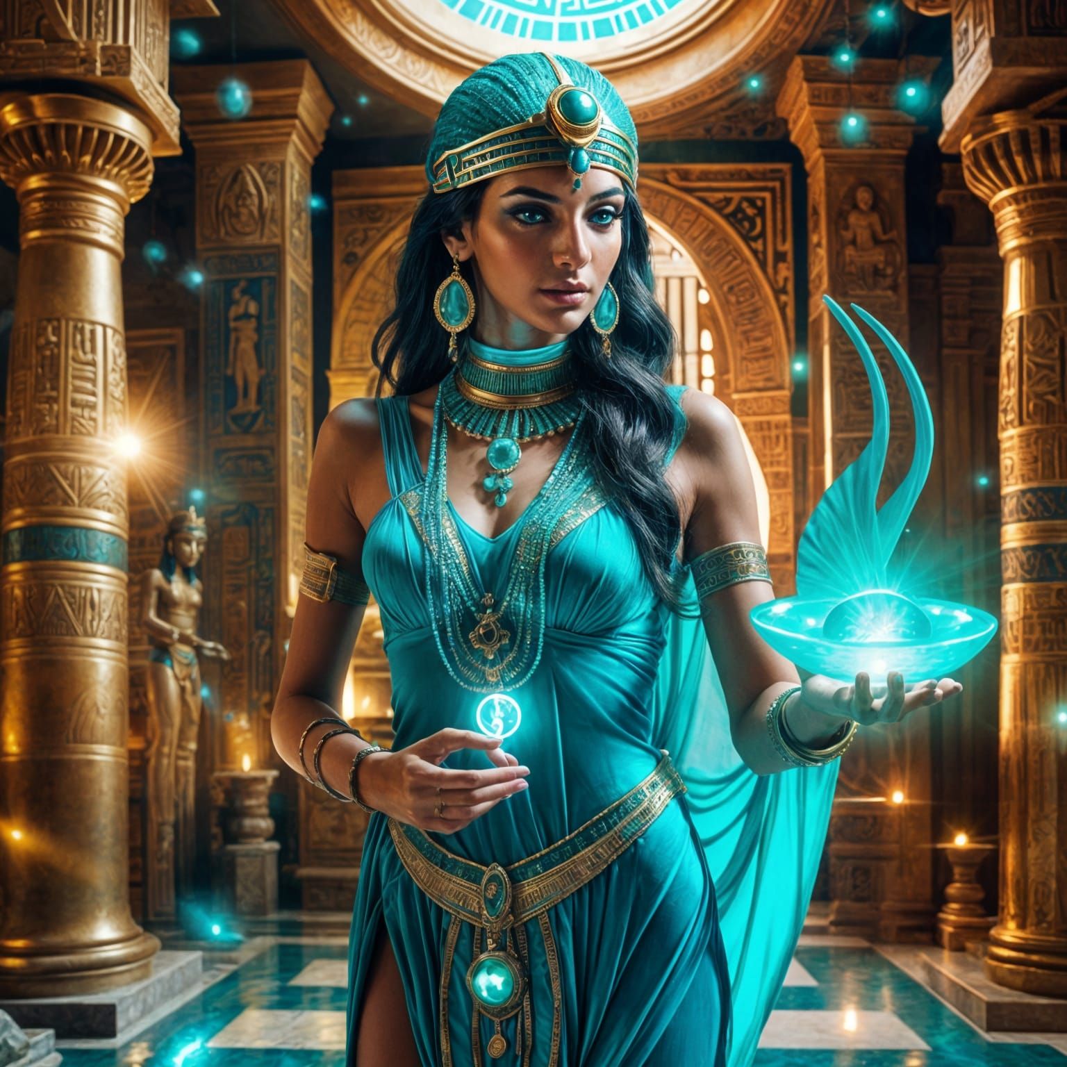 Egyptian Goddess Casting Turquoise Spell in Chiaroscuro