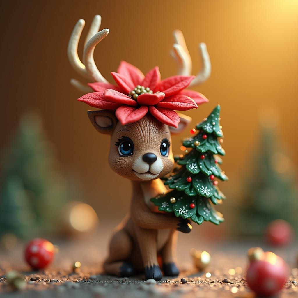 Miniature Clay Polymer Reindeer Holding a small Christmas tree He has a ...