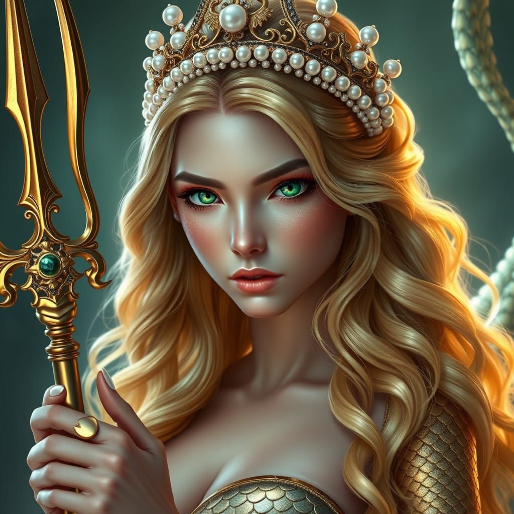 Golden Mermaid Goddess with Emerald Eyes and Shimm... - AI Art