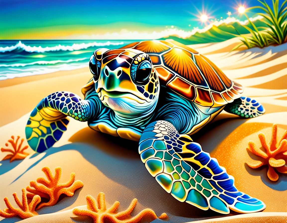 Adorable baby chibi loggerhead sea turtle hatchling crawling in the ...