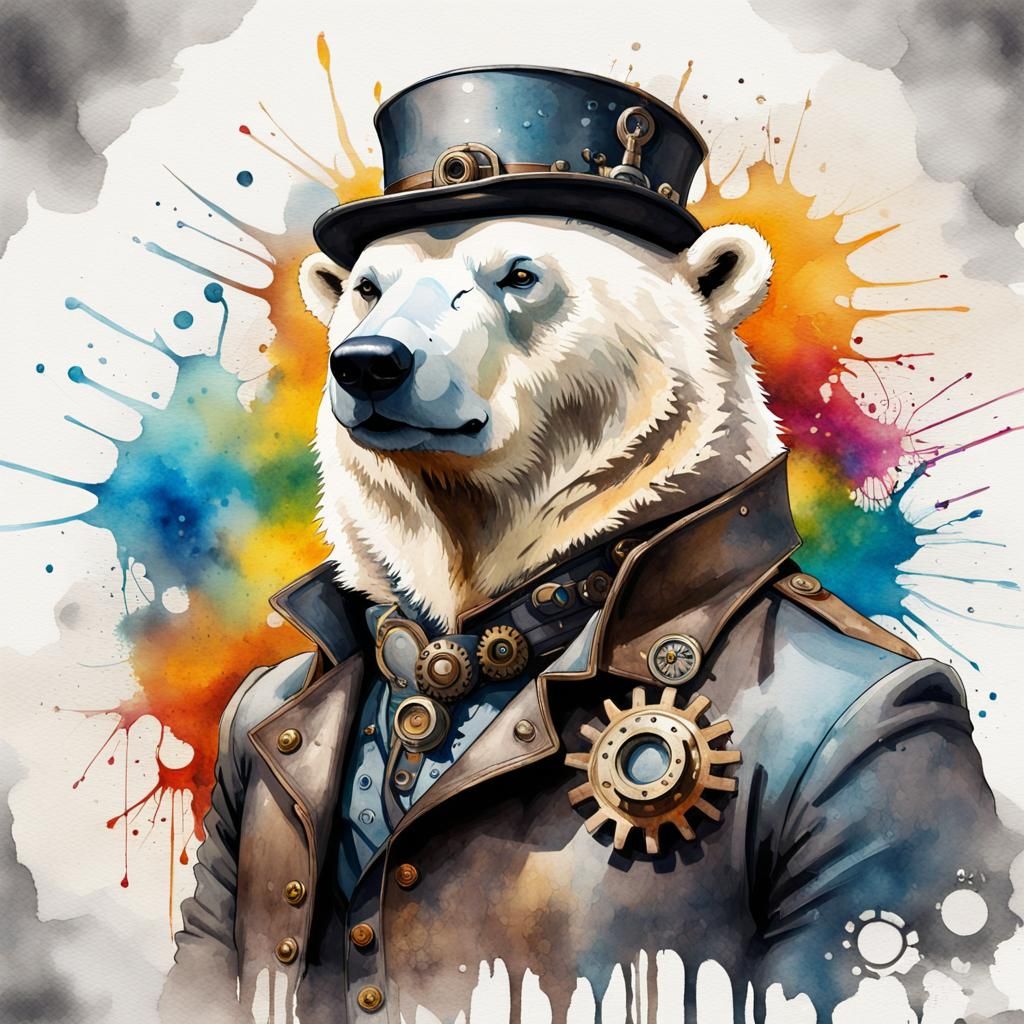 watercolor background, steampunk polar bear looking forwards flowering ...
