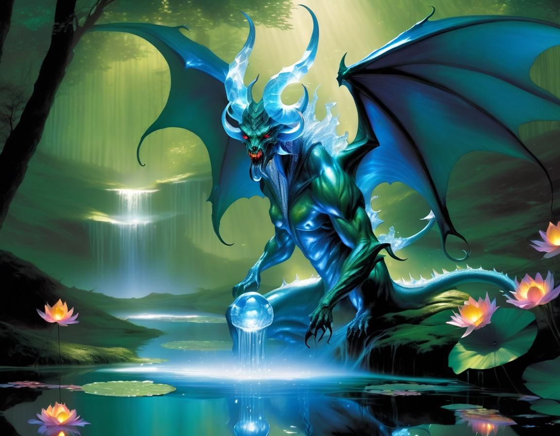 (A liquid translucent ethereal water demon:1.8): (made of crystal clear ...